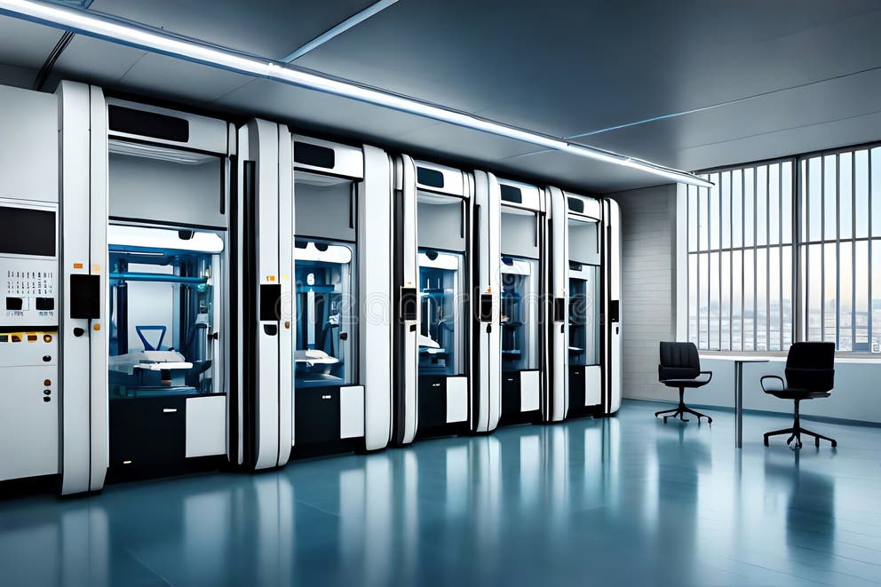 Modern 3D Printing Facility with Multiple Machines Creating Complex ...