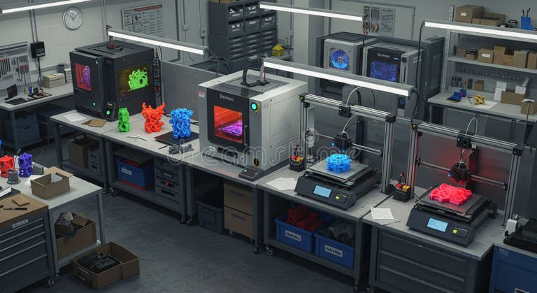 A Modern 3D Printing Lab Features Multiple 3D Printers on Workbenches ...