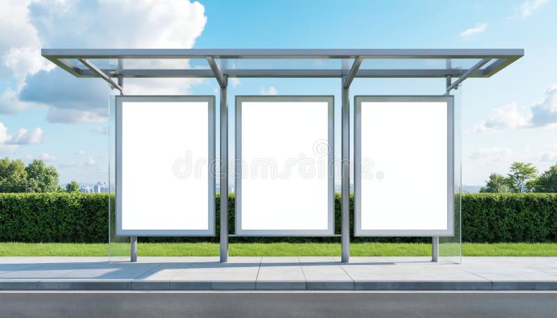 Modern 3D Render Bus Stop Features Three Blank Advertising Panels on ...