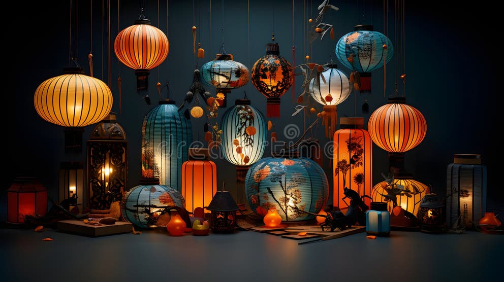 A Modern 3D Render Featuring an Abstract Arrangement of Lanterns Stock ...