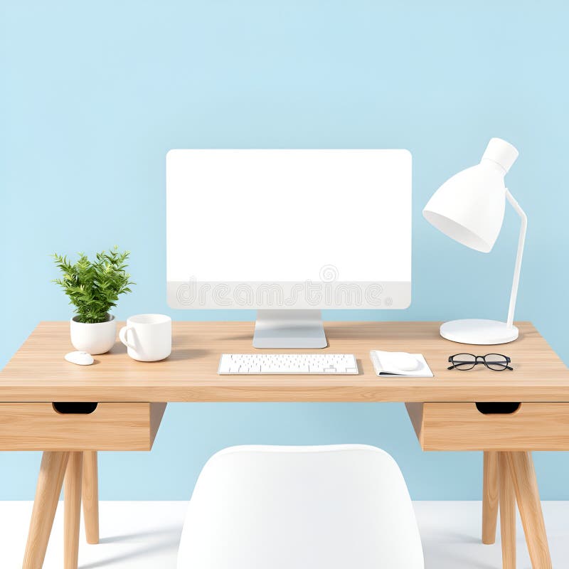 3D Minimalist Workspace with Blank Computer Screen on Blue Background ...