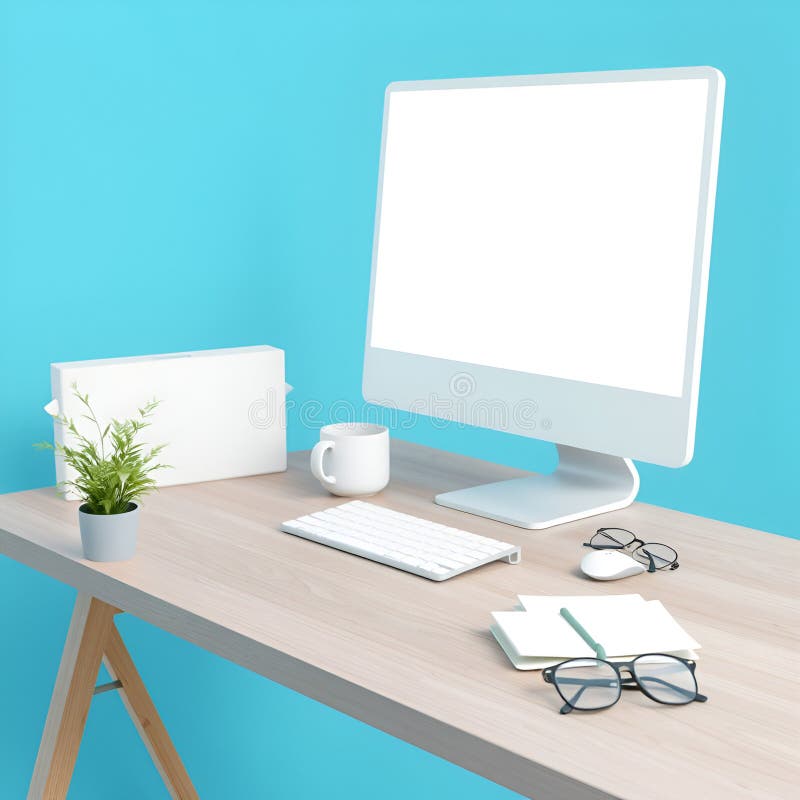 3D Minimalist Workspace with Blank Computer Screen on Blue Background ...