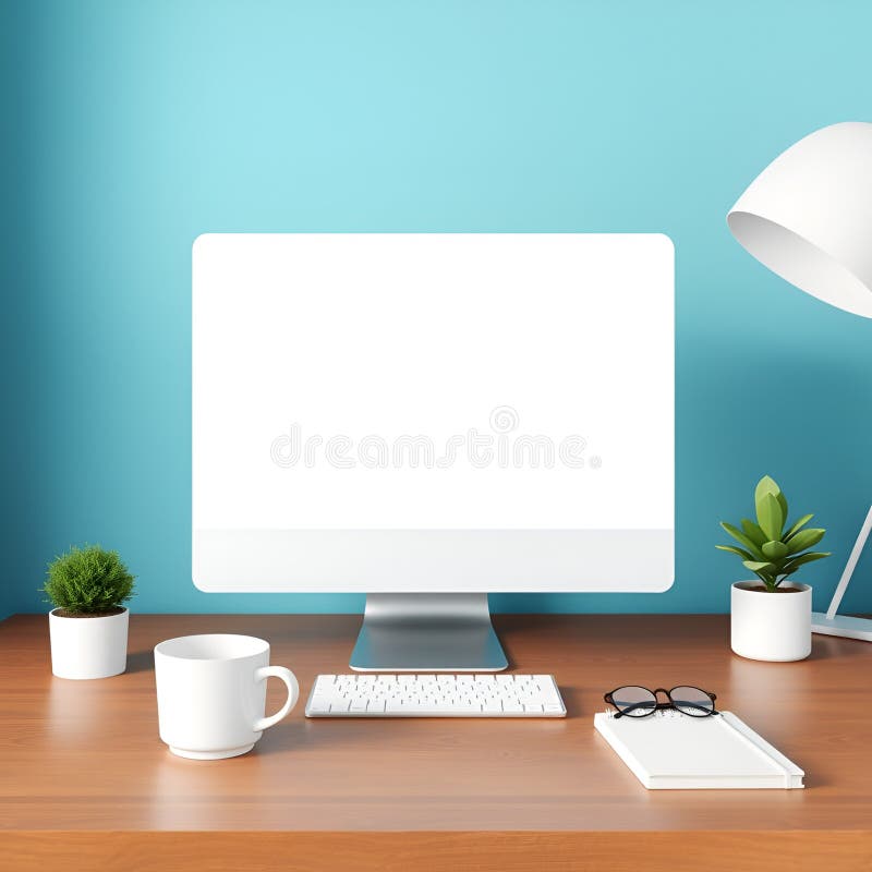 3D Minimalist Workspace with Blank Computer Screen on Blue Background ...