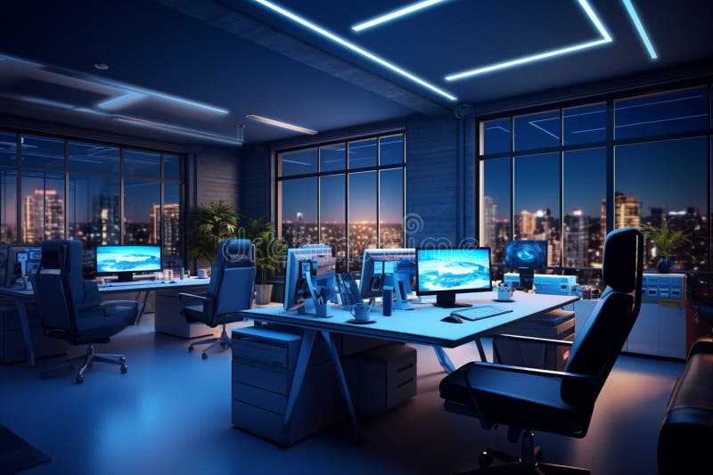 Modern 3d Rendering of Modern Office Interior with City View and Night ...