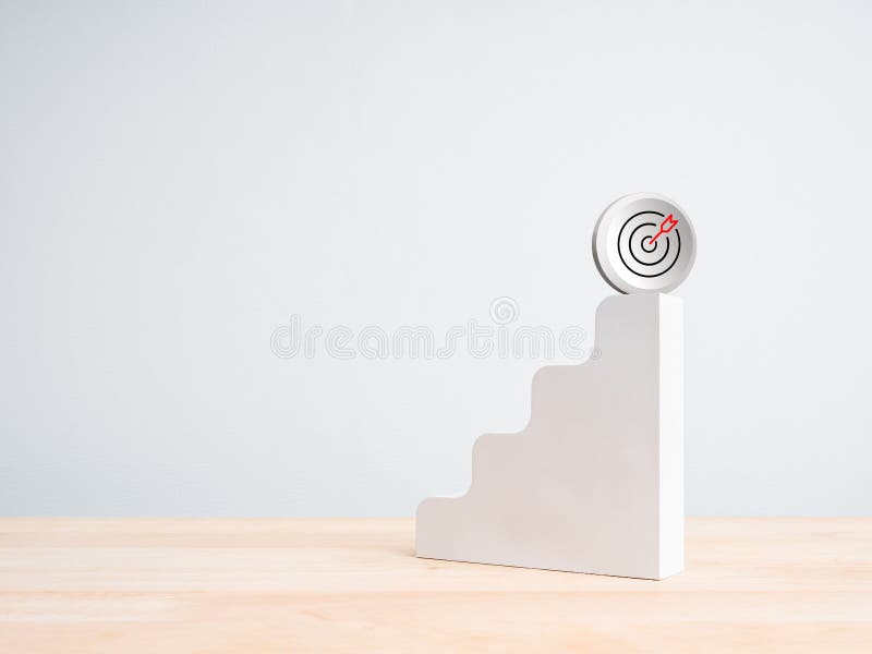 3d Target Icon on the Top of Wooden Cube Blocks, Bar Graph Chart Steps ...