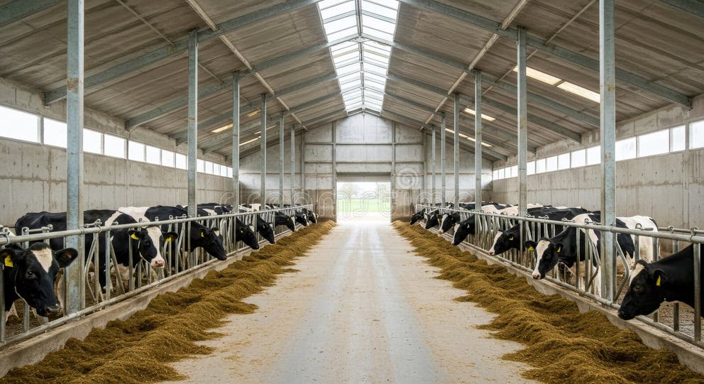 Modern Dairy Barn Interior with Cows Feeding on Hay in Clean and ...