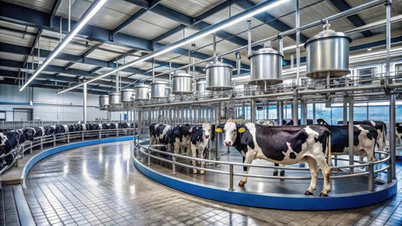 Modern Dairy Farm Automated Milking System with Cows in a Clean ...
