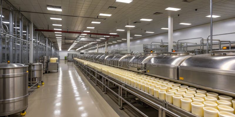 Modern Dairy Processing Facility with Large Vats and Containers during ...