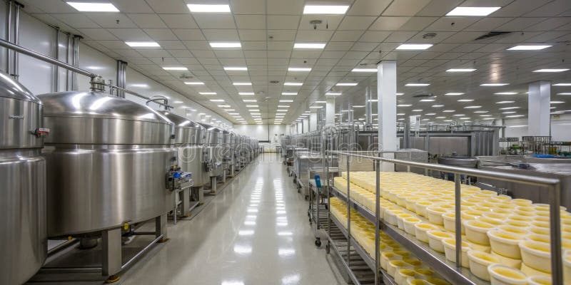 Modern Dairy Processing Facility Showcasing High-tech Equipment and Production Lines for Cheese ...