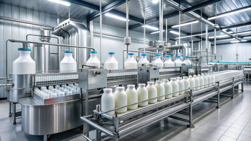 Modern Dairy Production Facility Automated Bottling and Packaging Line ...