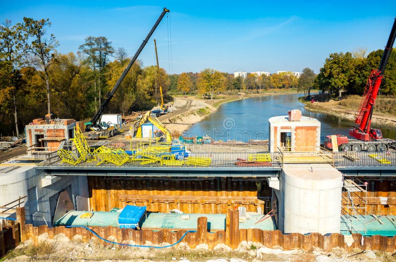 Modern dam on the river stock image. Image of aerial - 63861515