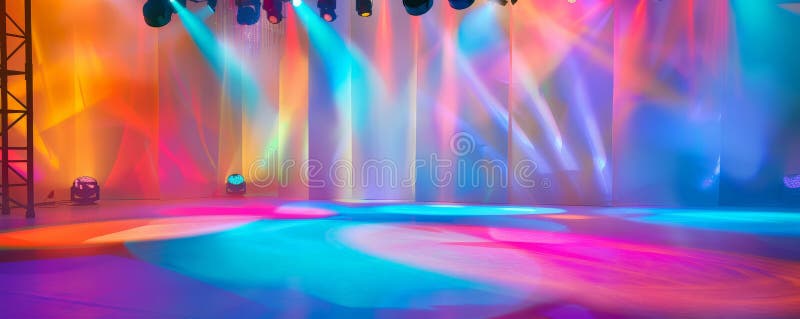 A Modern Dance Stage with Multiple Spotlights in Various Colors ...