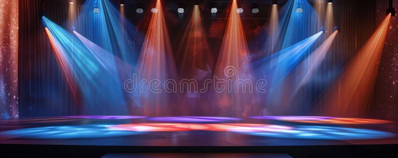 A Modern Dance Stage with Multiple Spotlights in Various Colors ...
