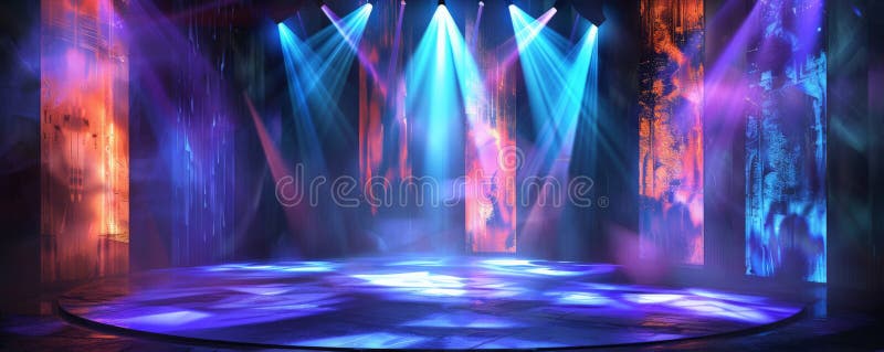 A Modern Dance Stage with Multiple Spotlights in Various Colors ...