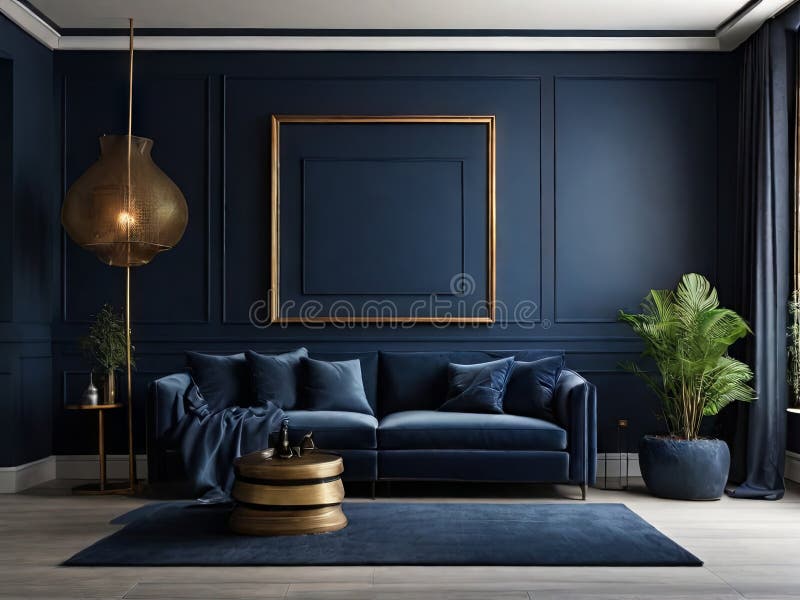 Modern Dark Blue Hotel Lobby with Sofa Stock Photo - Image of foyer ...