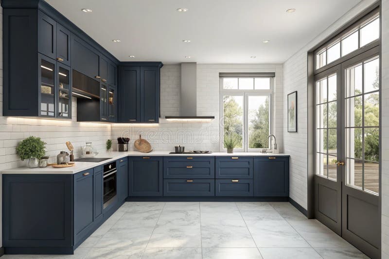 Modern Dark Blue Kitchen with Minimalist Interior Design Stock ...