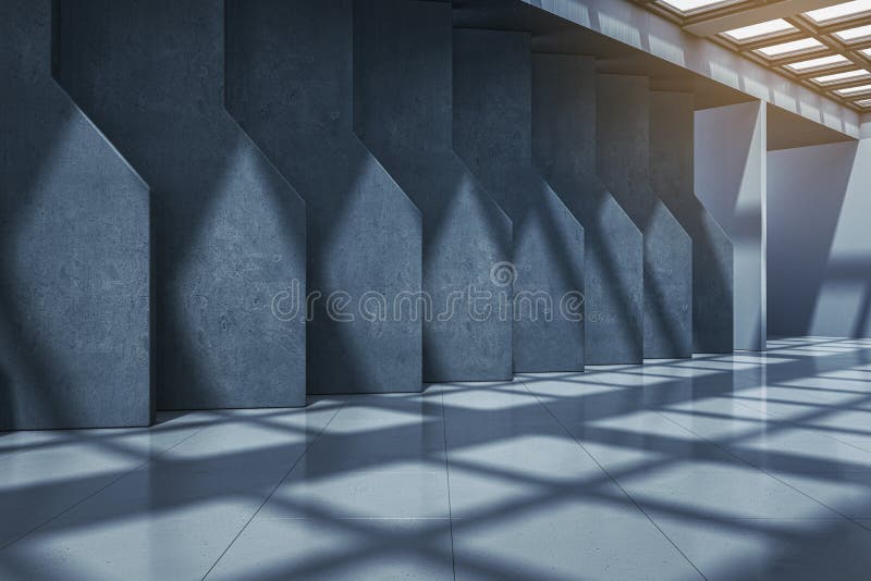 Modern Concrete Gallery Interior with Sunlight and Shadows. 3D ...