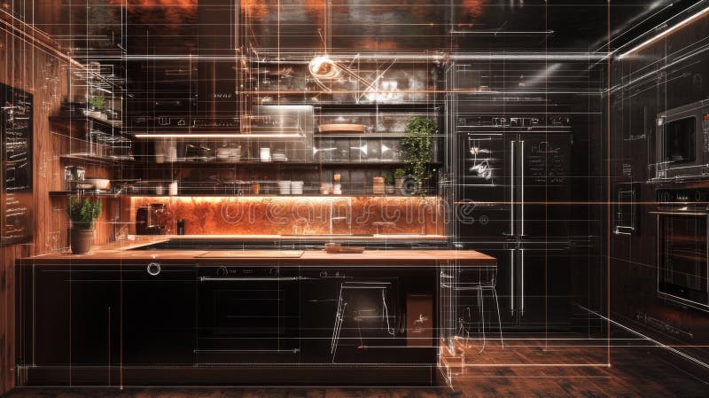 Modern Dark Copper Kitchen Interior Design Stock Illustration ...