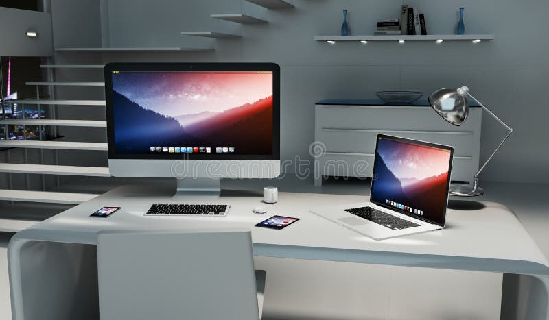 Modern Dark Desk Office Interior with Computer and Devices 3D Re Stock ...