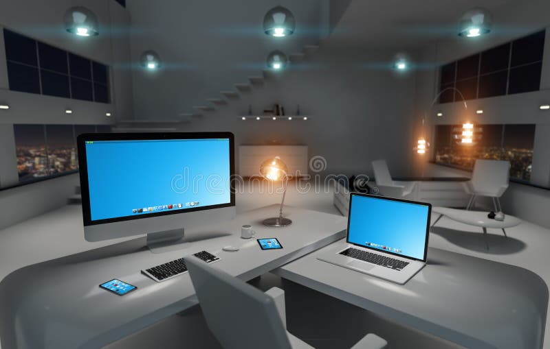 Modern Dark Desk Office Interior with Computer and Devices 3D Re Stock ...
