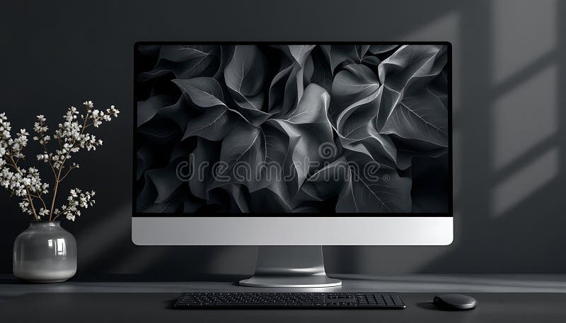 Modern Dark Desktop Setup with Monochrome Leaf Wallpaper Stock ...