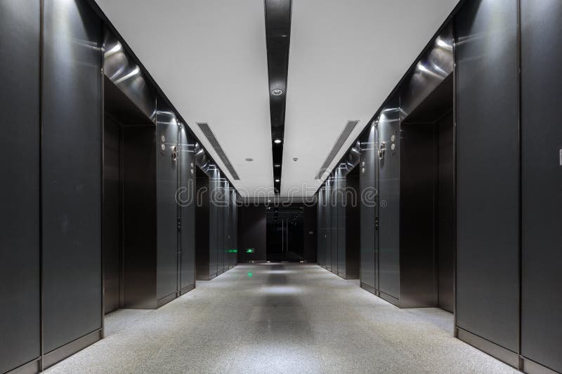 Modern Dark Elevator Hall Lobby Stock Image - Image of modern, lighting ...