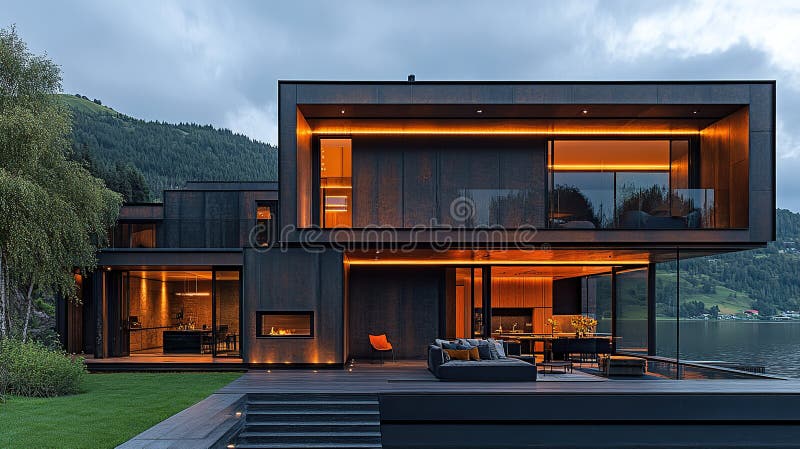 Modern, Dark Exterior Home with Illuminated Windows, Overlooking a Lake ...