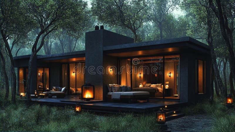 Modern Dark Gray Cabin in Lush Forest at Night Stock Photo - Image of ...