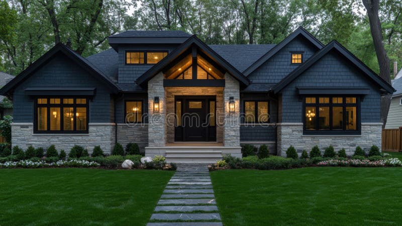 Modern Dark Gray House with Stone Exterior and Well Lit Pathway Stock ...