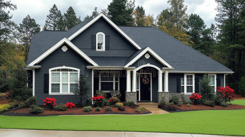 Modern Dark Gray House with White Trim and Lush Landscaping Stock Image ...