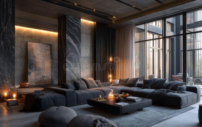 Modern Dark Gray Luxury Living Room Interior Design Stock Illustration ...