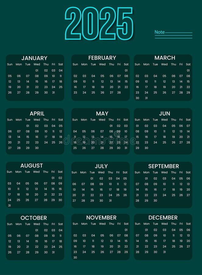 Modern Dark Green 2025 Yearly Calendar with Minimalist Design Stock ...