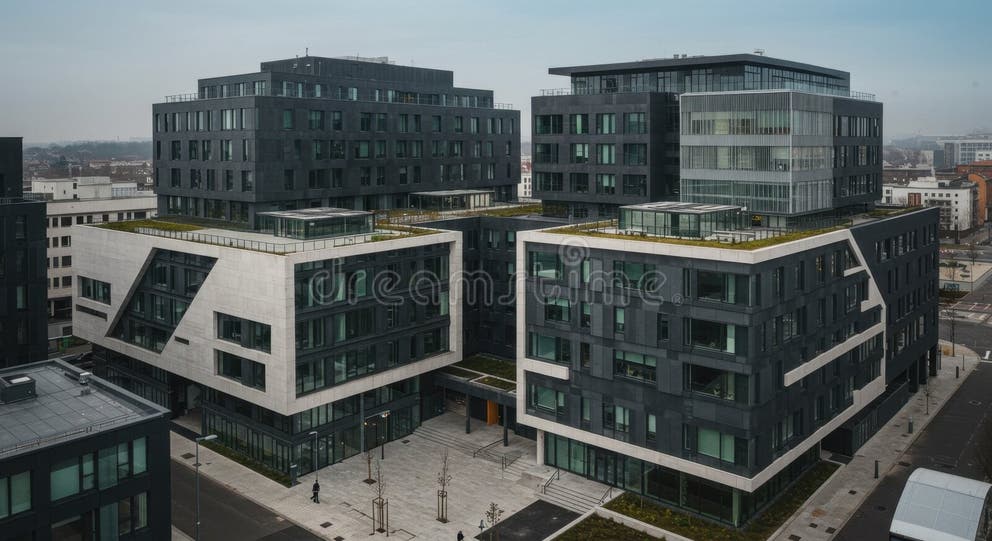 Modern Dark Grey Building Complex Aerial View Stock Illustration ...