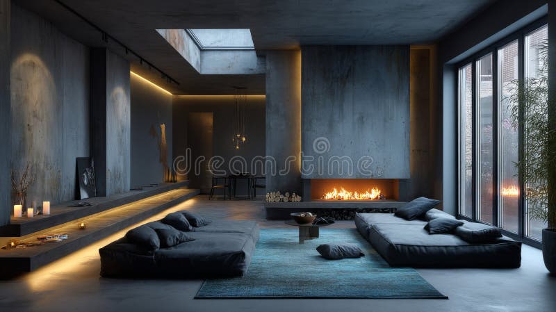 Modern Dark Grey Concrete Living Room Interior Design Stock ...