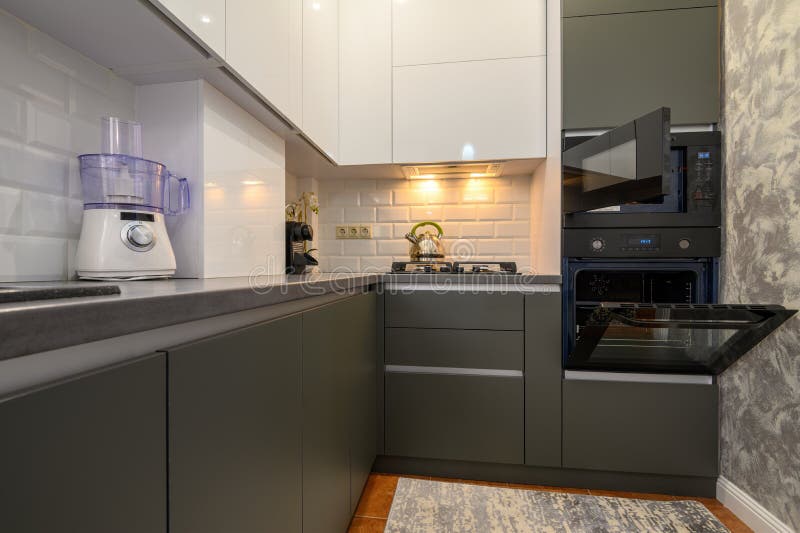 Modern Dark Grey Small Kitchen Interior Stock Image - Image of ...