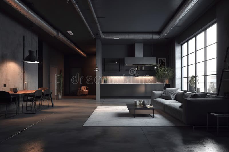 Modern Dark Home Interior Promoting Clean Energy. Generative AI Stock ...