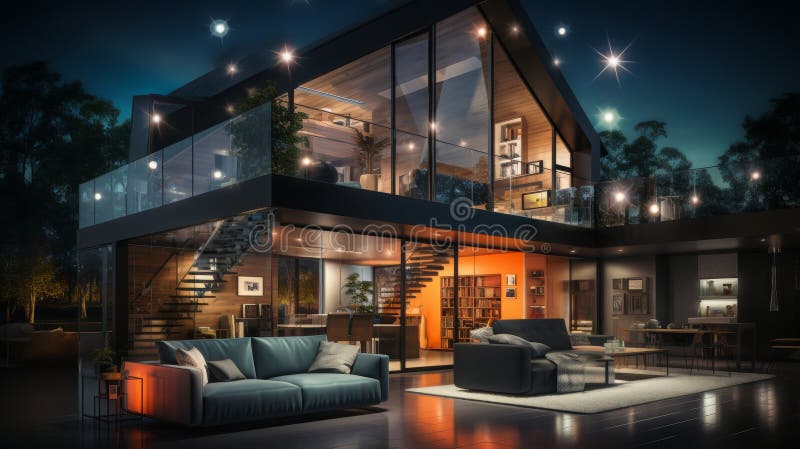 Modern Dark House Interior Featuring Smart Technology in a Cozy Evening ...