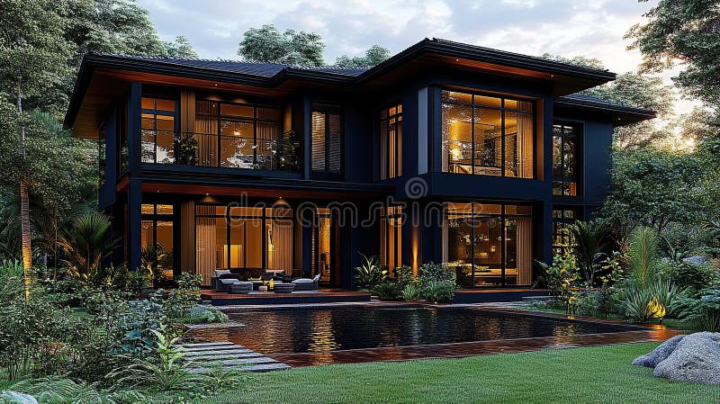 Modern Dark House with Pool and Garden Stock Illustration ...