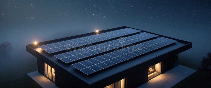 Modern Dark House with Solar Panels at Night Aerial View Stock Photo ...