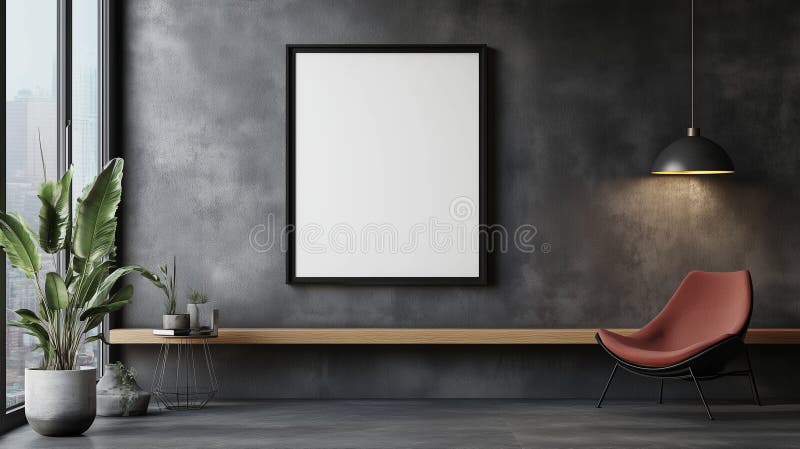 Modern Dark Interior with Large Blank Frame and Ambient Lighting Stock ...