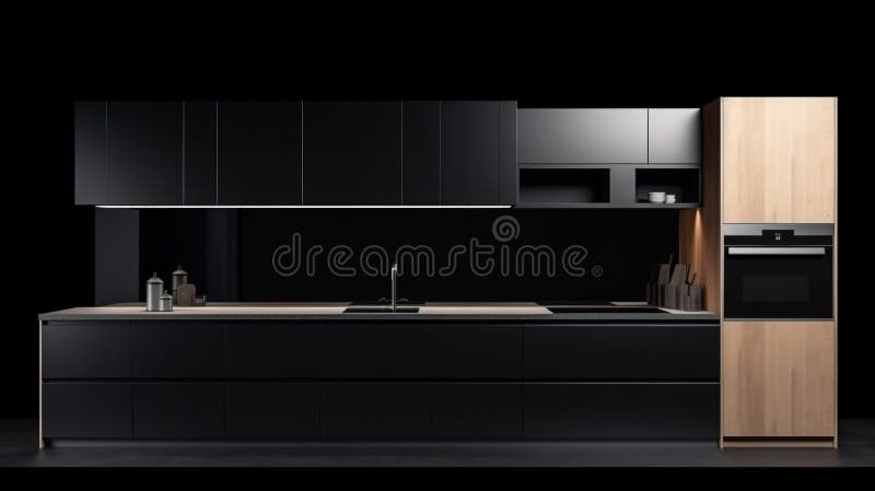 Modern Dark Kitchen with Backlight, Minimalist Interior Design on Black ...