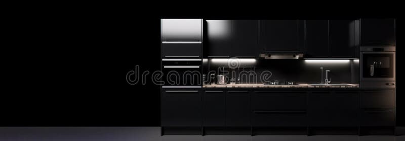 Modern Dark Kitchen with Backlight, Minimalist Interior Design on Black ...