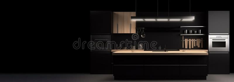 Modern Dark Kitchen with Backlight, Minimalist Interior Design on Black ...