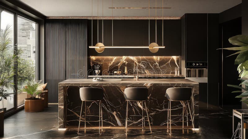 Modern Dark Kitchen Design, City View, Marble Island Stock Photo ...