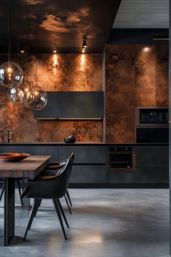 Modern Dark Kitchen and Dining Room with Copper Details Stock Image ...