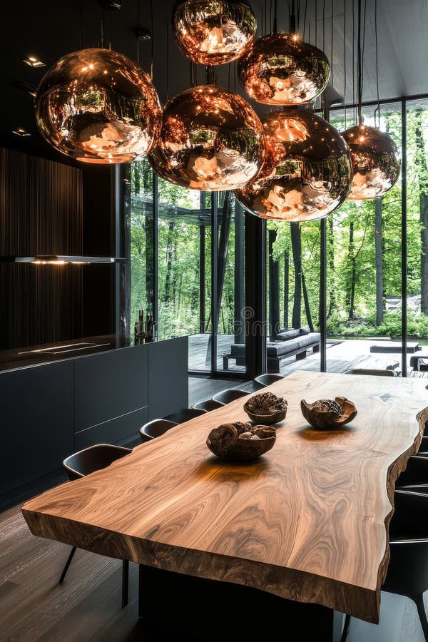 Modern Dark Kitchen and Dining Room with Copper Details Stock Photo ...