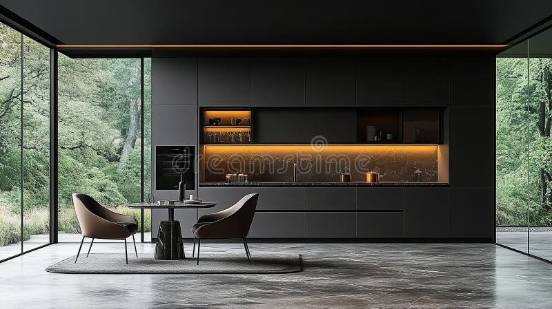 Modern Dark Kitchen, Forest View, Dining Area, Interior Design Stock ...