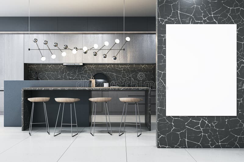 Modern Dark Kitchen Interior with Blank White Mock Up Banner on Wall ...