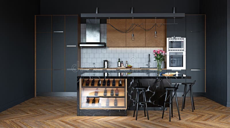 Modern Dark Kitchen Interior. Stock Illustration - Illustration of ...