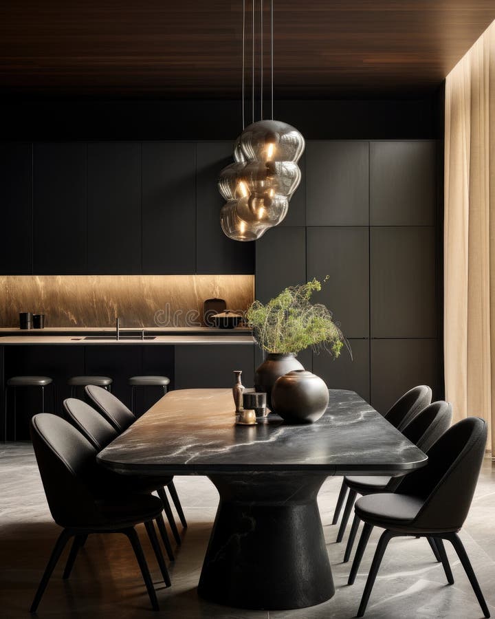 Modern Dark Kitchen Interior with Dining Table Setting Stock ...